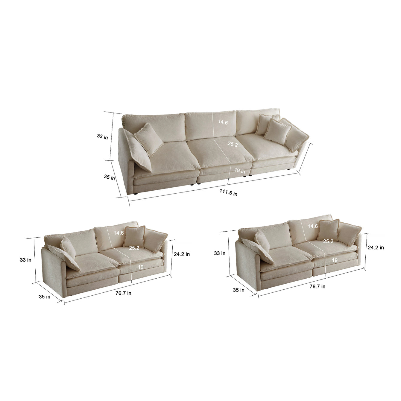 Fremont 3-Piece Modular Chenille Upholstered Sofa Set with 2 Loveseats ...