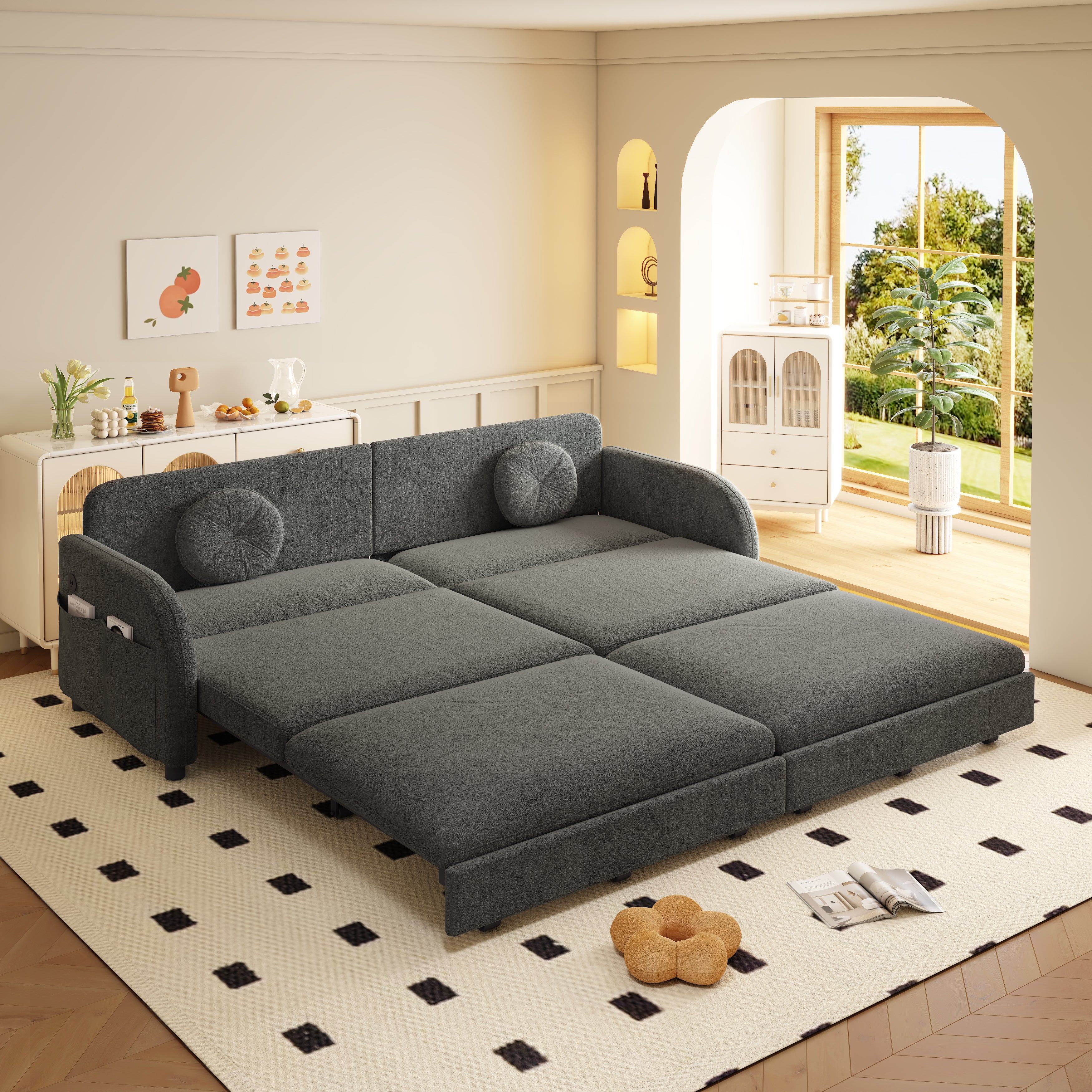Layton 81" Upholstered Pull-Out Sleeper Sofa with Side Pocket and USB ...