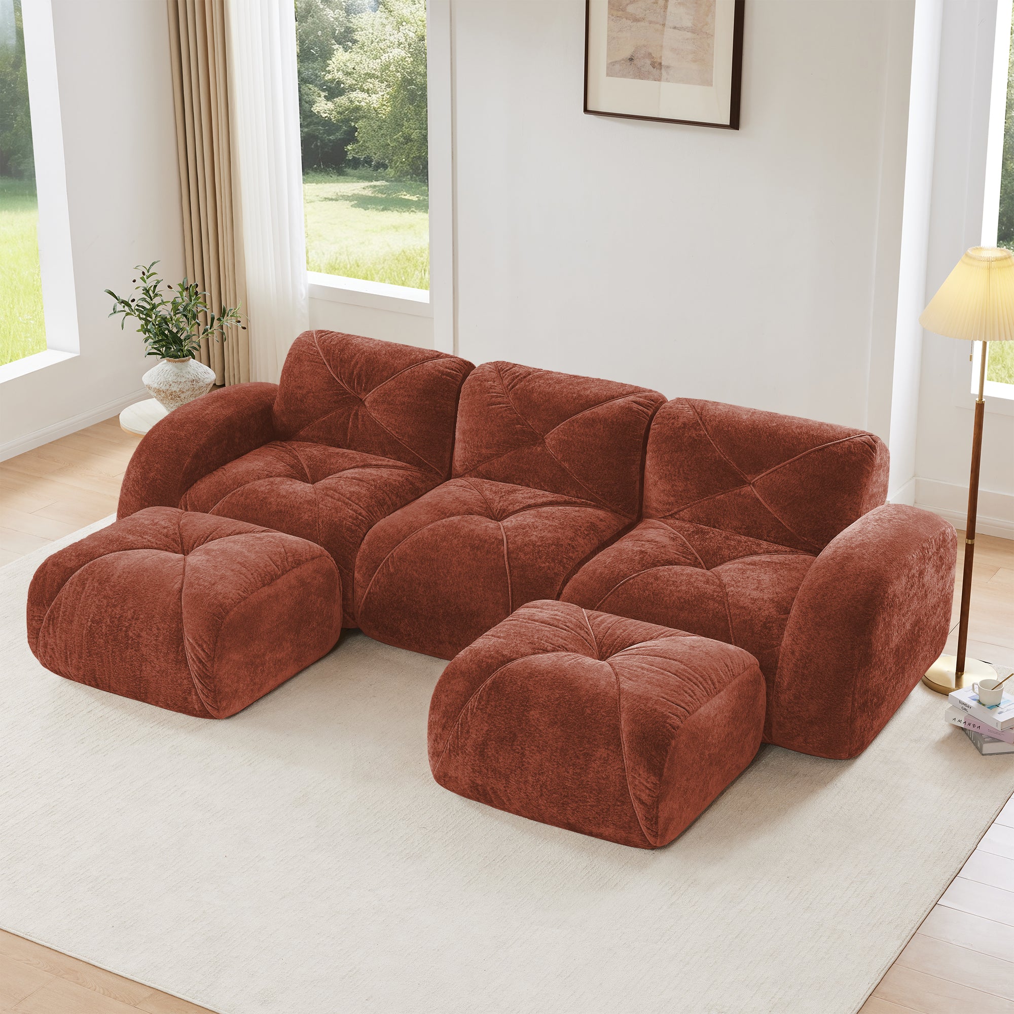 Aven 111" Modular Velvet Cloud U-Shaped Sectional Sofa with Ottomans a ...