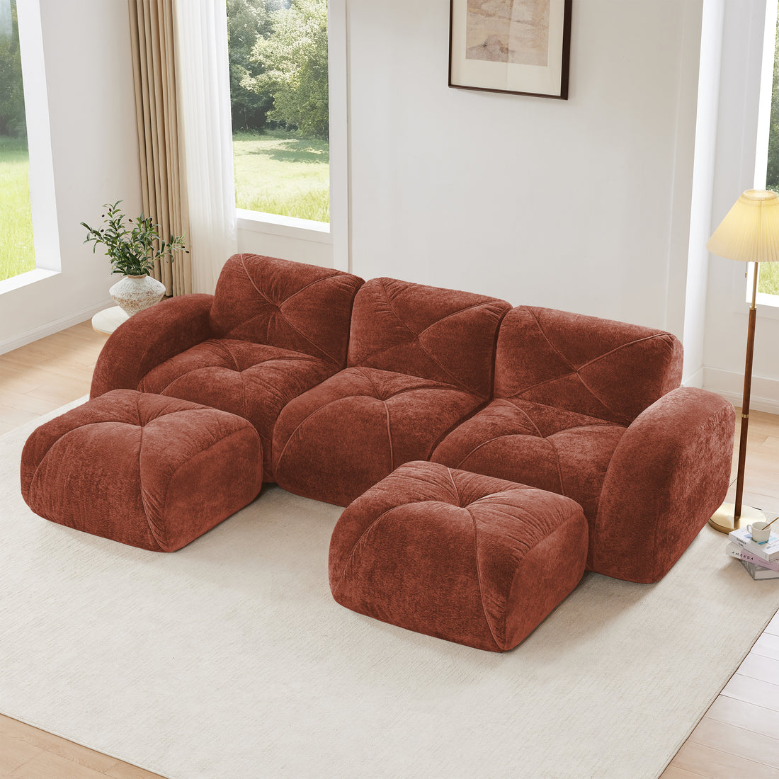 Aven 111" Modular Velvet Cloud U-Shaped Sectional Sofa with Ottomans a ...