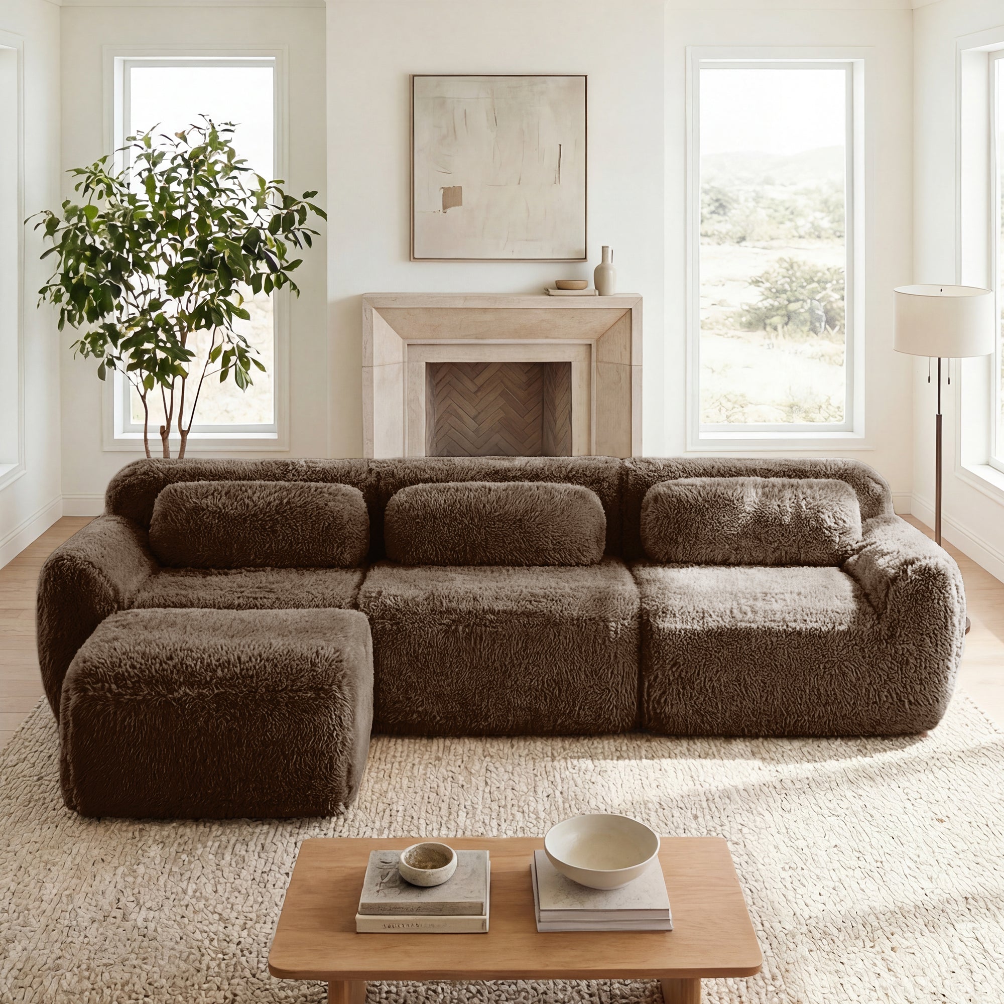 Durham 115" L-Shaped Plush Sectional Sofa with Movable Ottoman and Hig ...