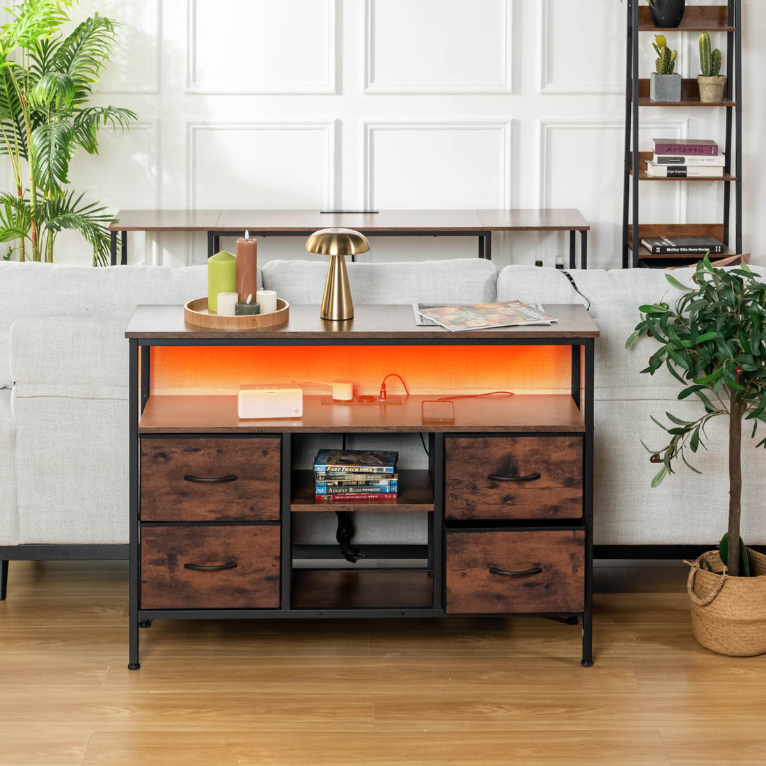Clay Entertainment Center with Charging Station & 4 Fabric Drawers ...