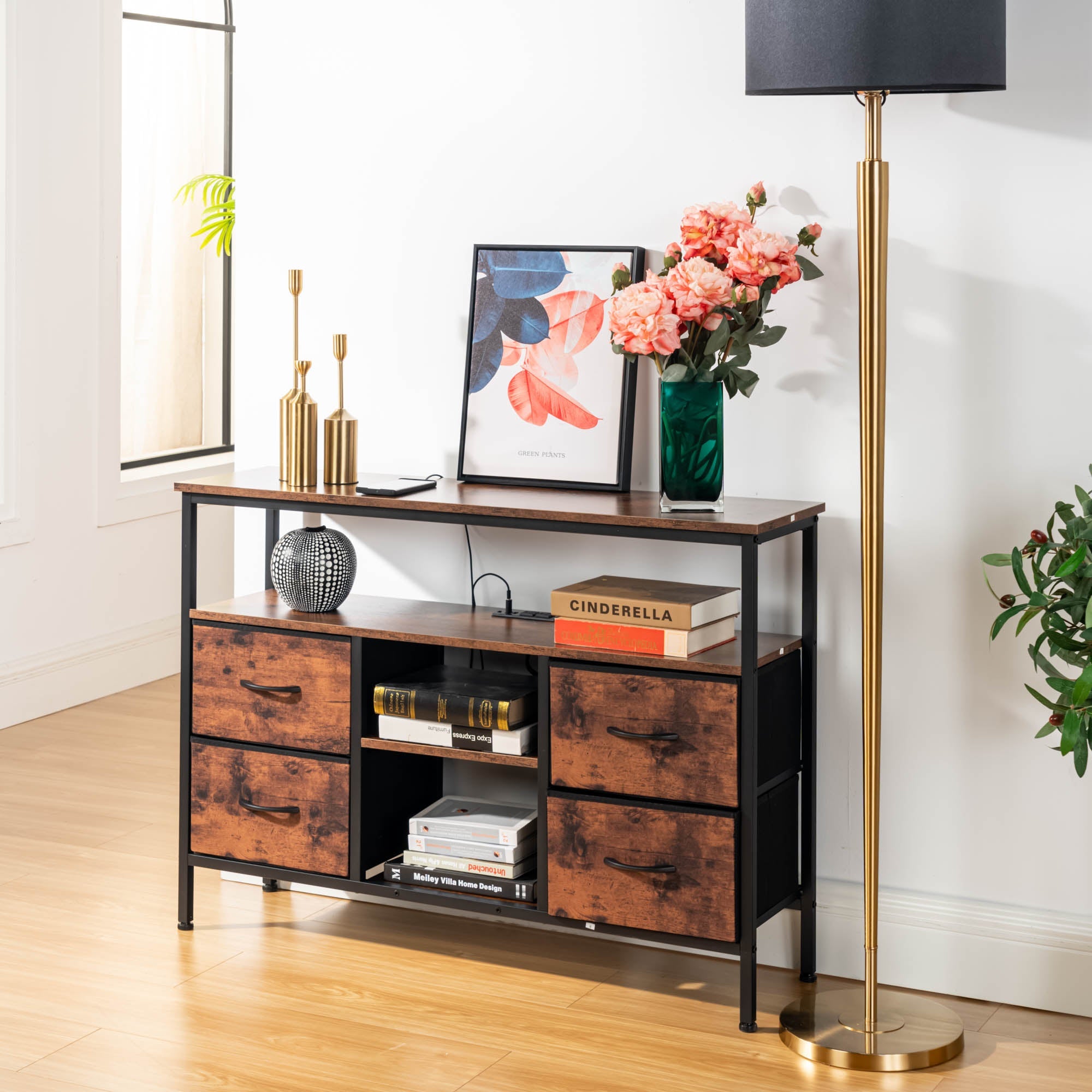 Clay Entertainment Center with Charging Station & 4 Fabric Drawers ...