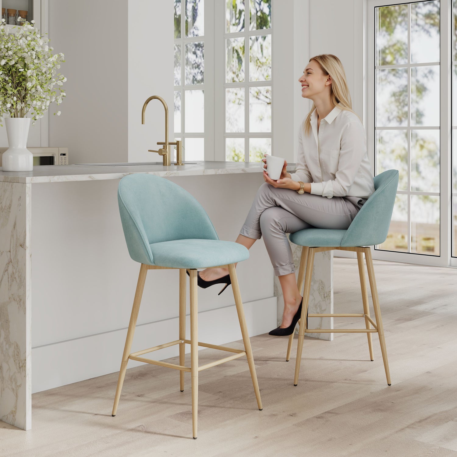 Homy Casa HASEEB 26" Swivel Counter Height Bar Stools Set of 2,Light B ...