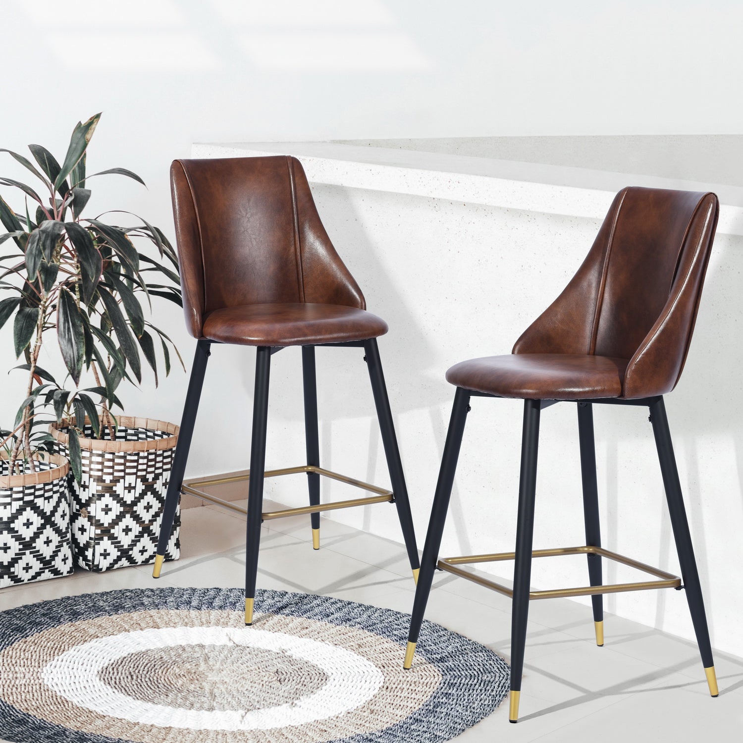 Smeg Bar Stool Set - Dark Brown PU Leather&Black Gold Legs for Kitchen ...