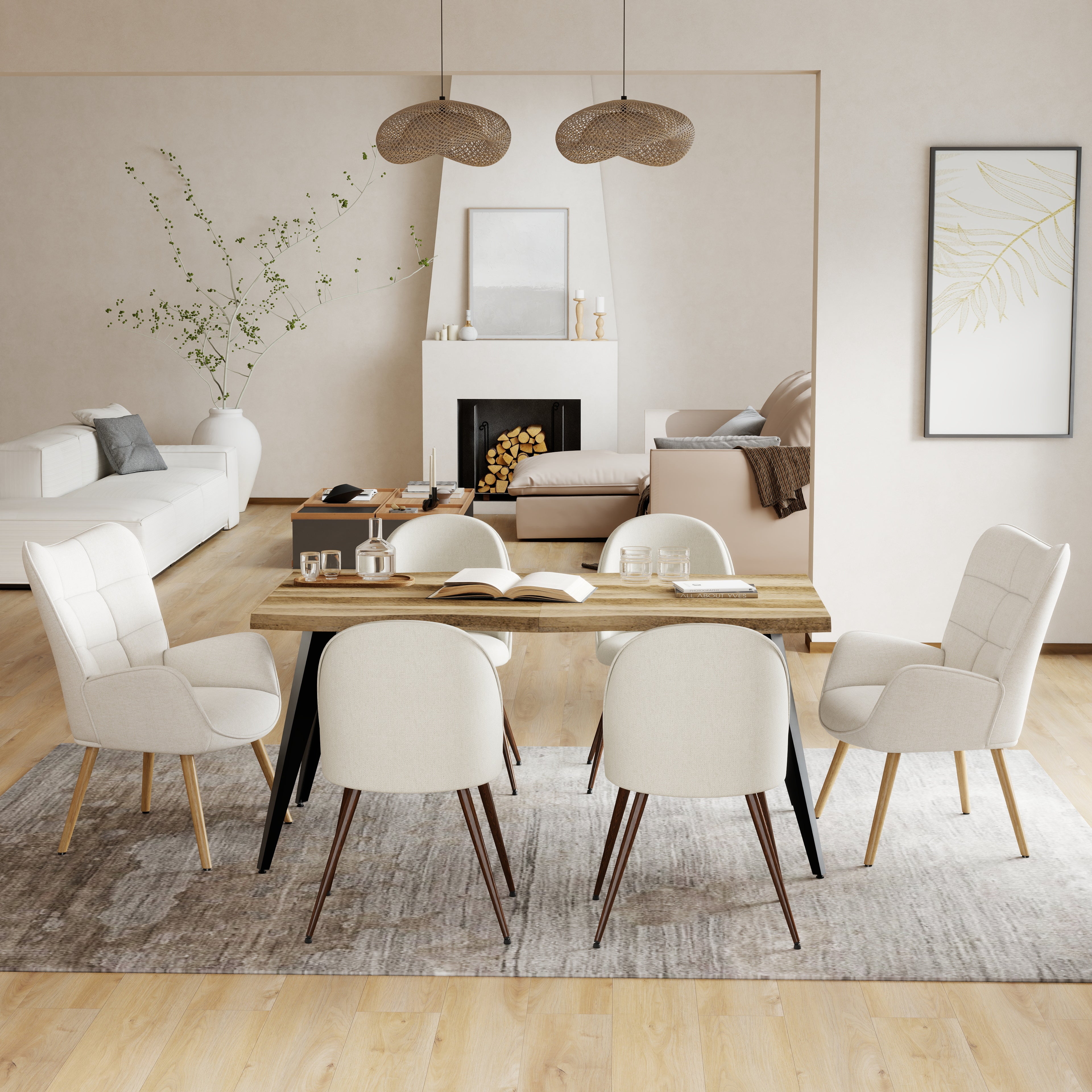 Lancelot 7 Piece Walnut Dining Table Set with 6 Upholstered Dining Cha ...