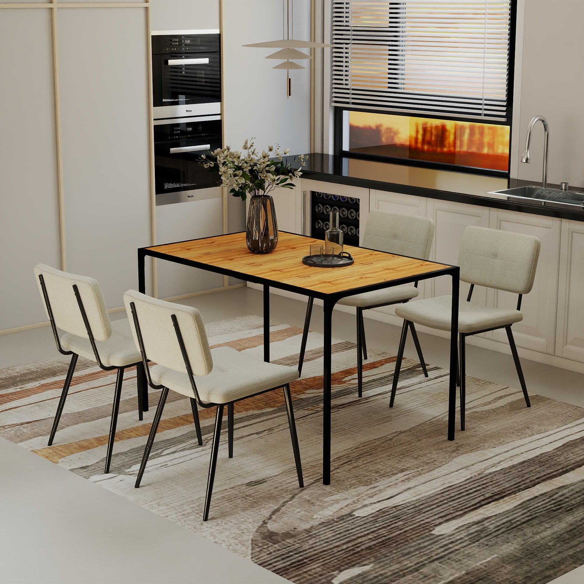 Homy Casa Milliken 5 Piece Oak Dining Table Set 47” Table with 4 Pomon ...