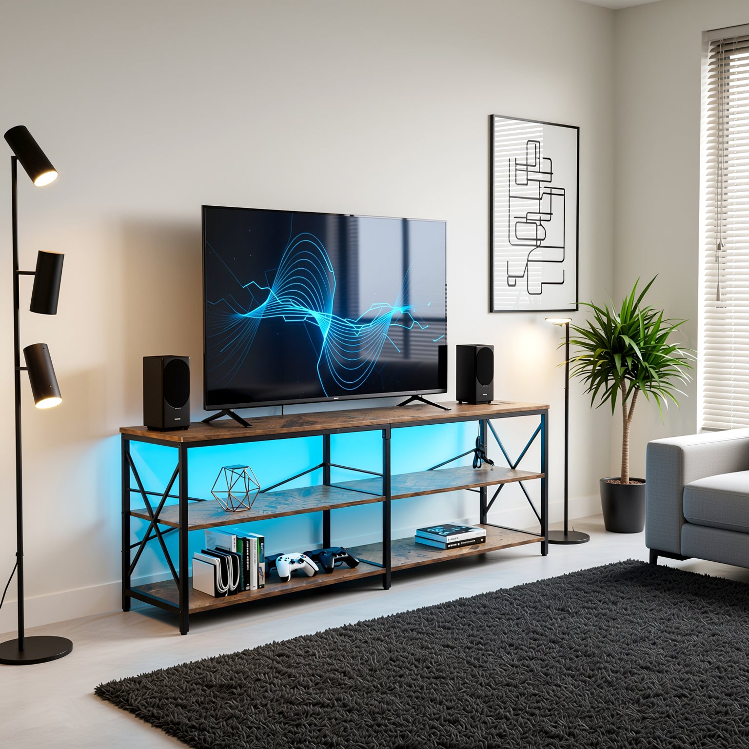 Homy Casa Taryn 63" 3 Tier Narrow TV Cabinet with LED Lighting Console ...