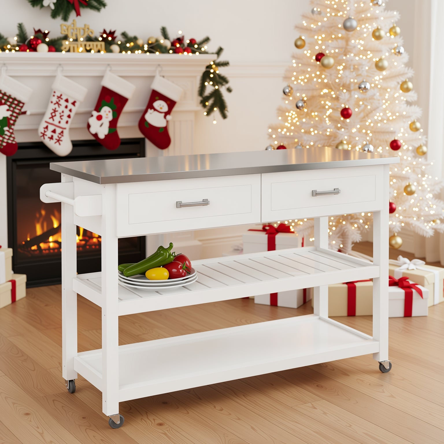 47” Malta Rolling Kitchen Cart with 2 Drawers and Open Shelves – HomyCasa