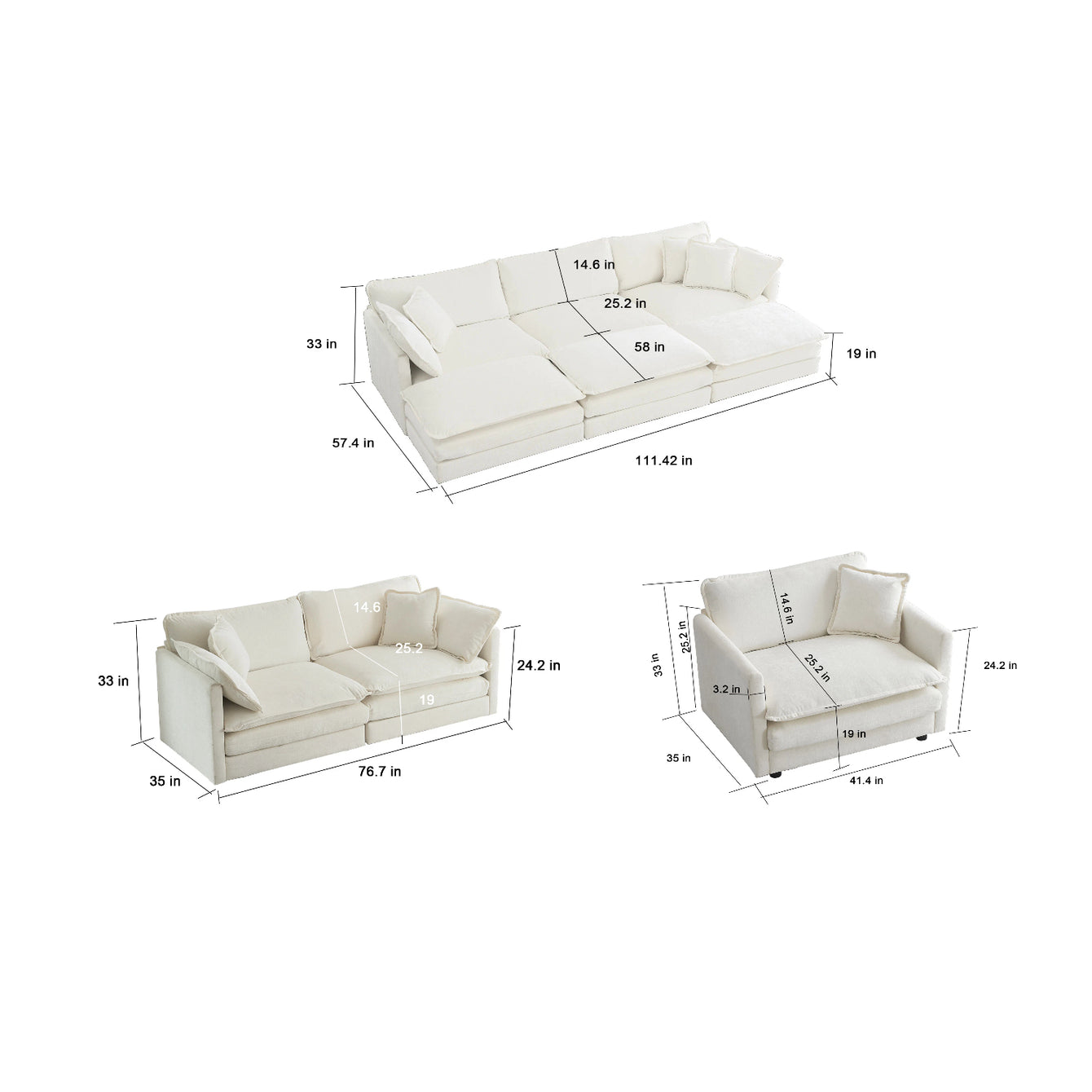 Fremont 3-Piece Modular Chenille Upholstered Sofa Set with Armchair, L ...